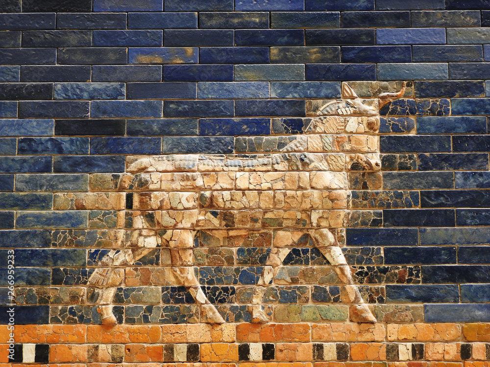 The bull of the Sumerian God Adad on the Ishtar Gate Stock Photo ...