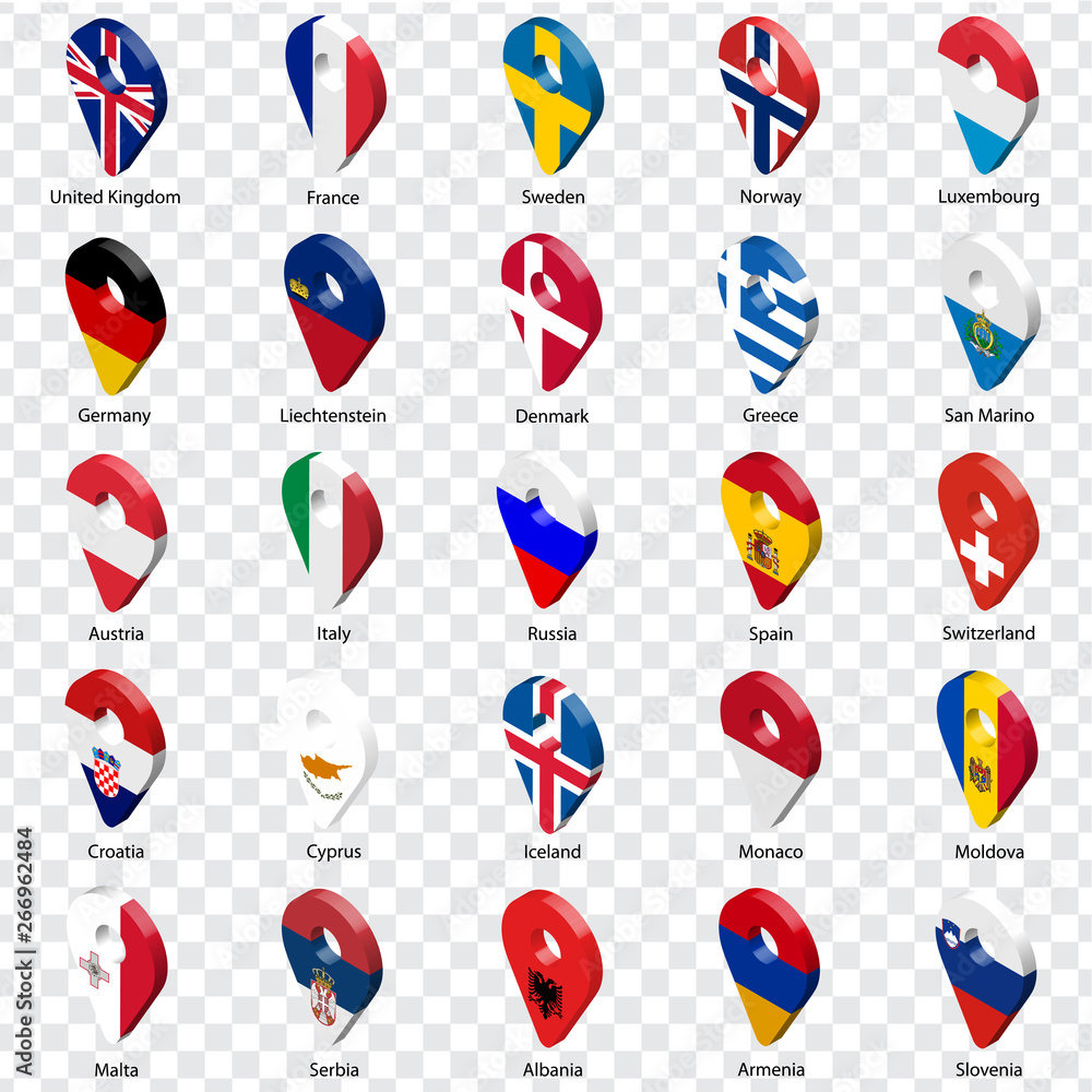 3D geolocation signs of twenty five European countries with ...