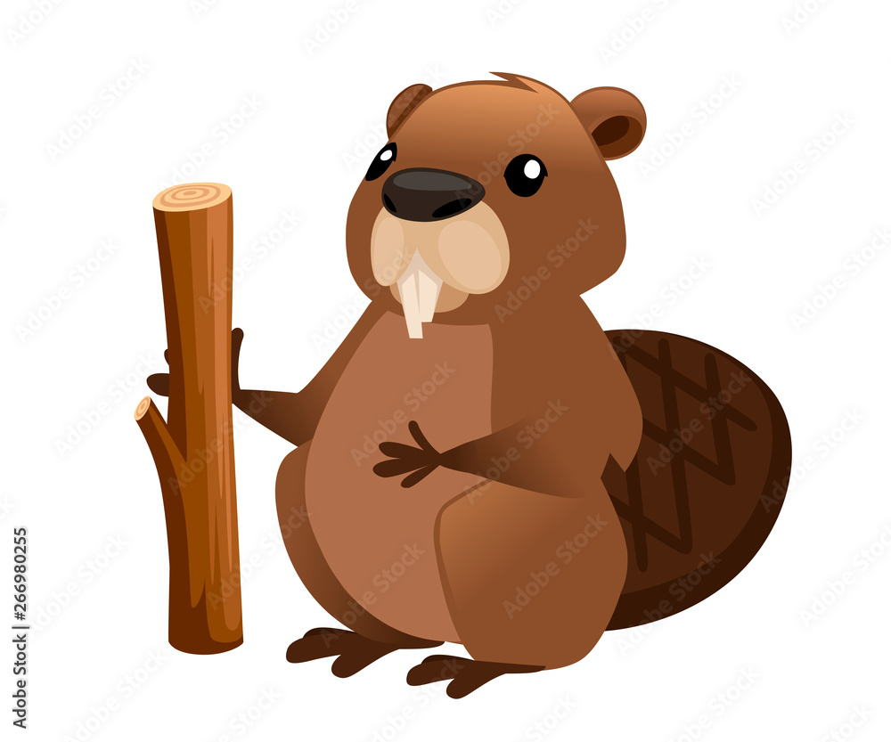 Cute brown beaver holding wooden stick. Cartoon character design. North ...