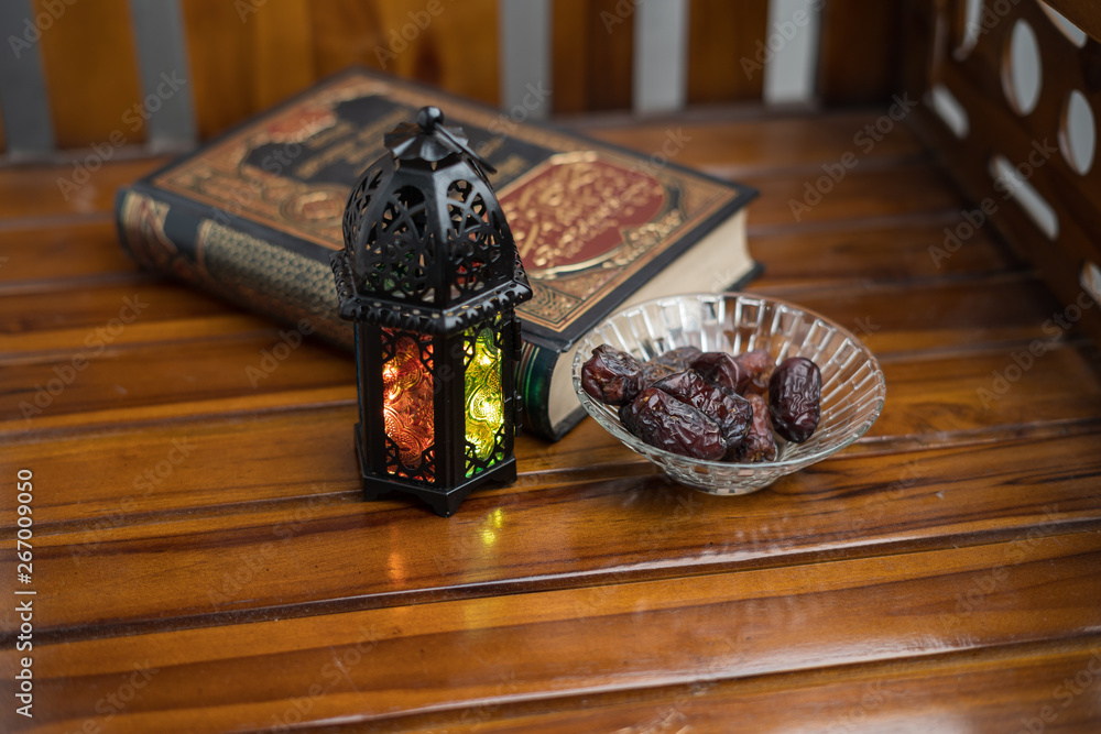 Islamic, ramadan and praying concept. Arabic lantern, dates or kurma ...