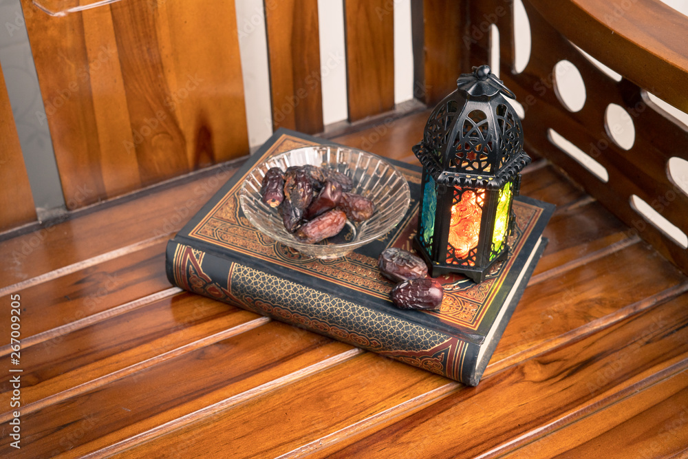 Islamic, ramadan and praying concept. Arabic lantern, dates or kurma ...