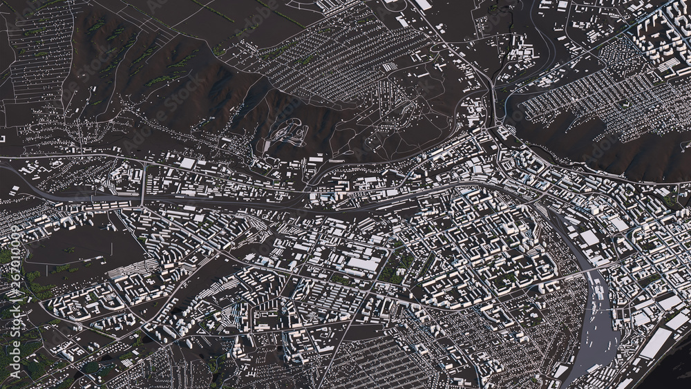 Krasnoyarsk map in 3d isometric landscape roads and buildings Stock ...
