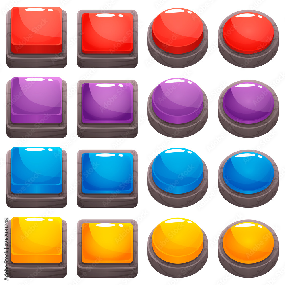 Colorful cartoon vector square and round buttons in stone frame set ...
