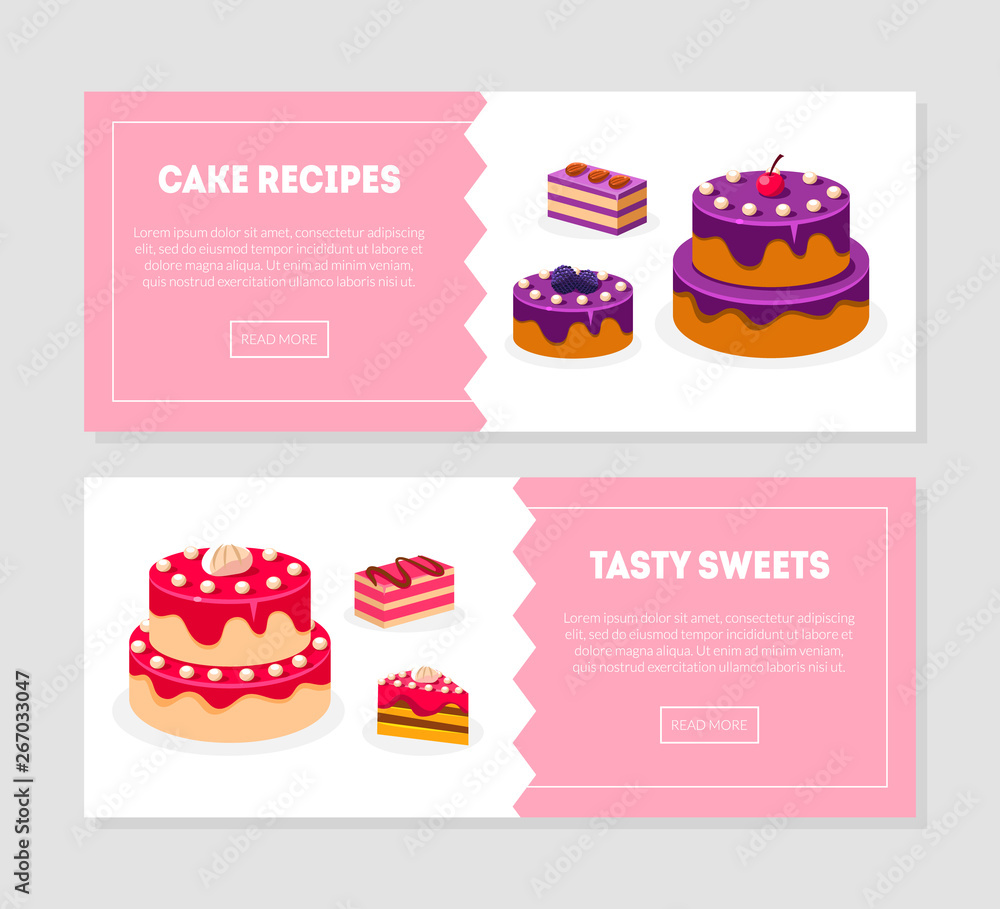 Cake Recipes, Tasty Sweets Banner Templates Set with Delicious Desserts ...
