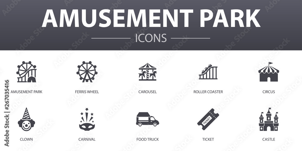 amusement park simple concept icons set. Contains such icons as Ferris ...