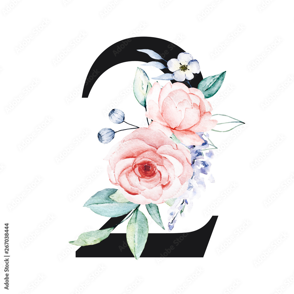 Number with watercolor flowers roses and leaf. Perfectly for wedding ...