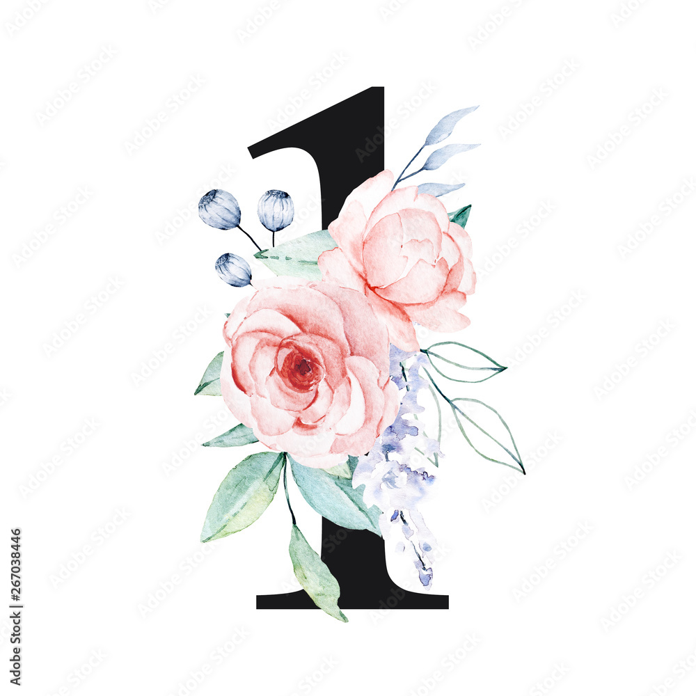 Number with watercolor flowers roses and leaf. Perfectly for wedding ...