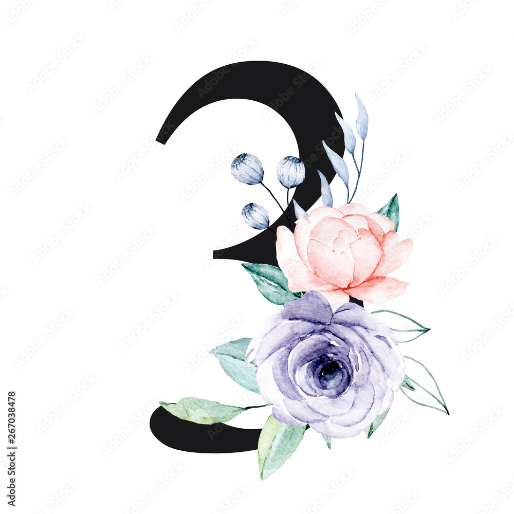 Number with watercolor flowers roses and leaf. Perfectly for wedding ...