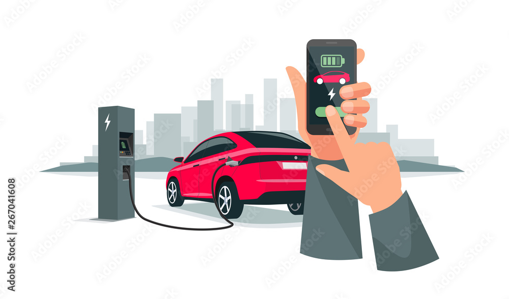 Modern vector illustration of autonomous plug electric car charging at ...