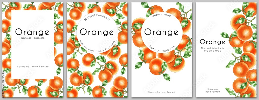 Hand painted watercolor orange card. Design for natural food, sweets ...