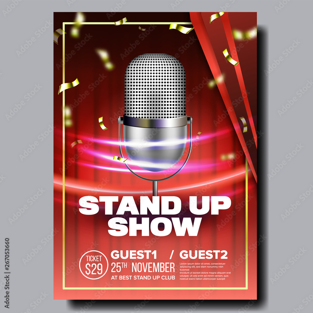 Advertising Flyer Banner On Stand Up Show Vector. Silver Old Microphone ...