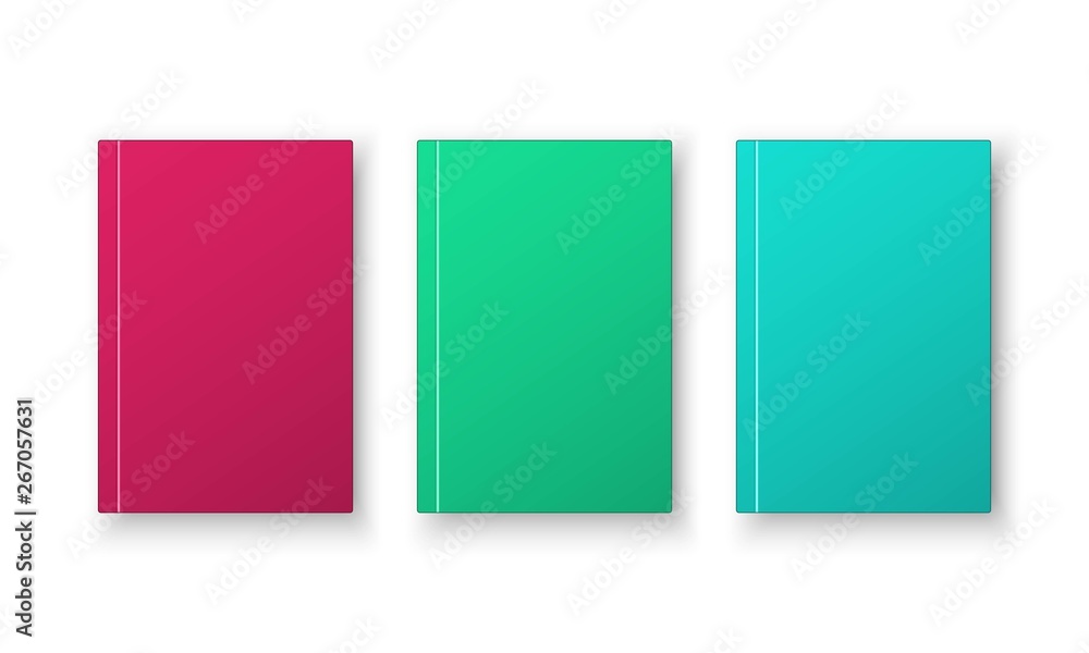 Set of three realistic colorful books. Closed vertical notebook ...