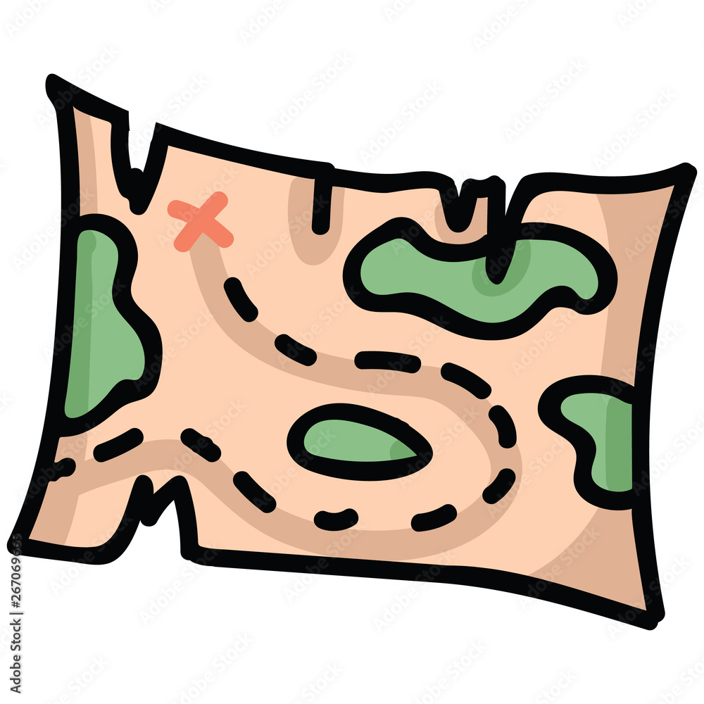 Cute treasure map cartoon vector illustration motif set. Hand drawn ...