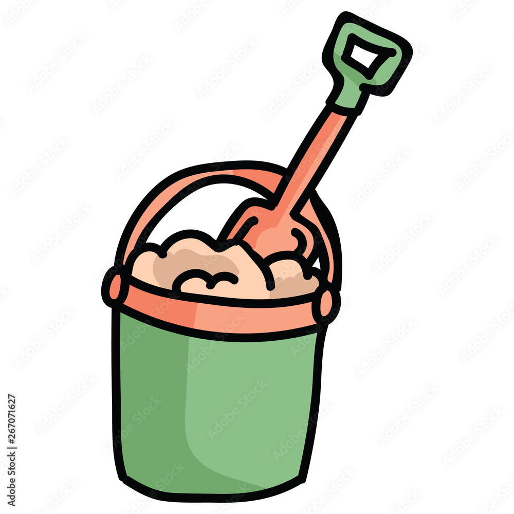 Cute bucket and spade cartoon vector illustration motif set. Hand drawn ...