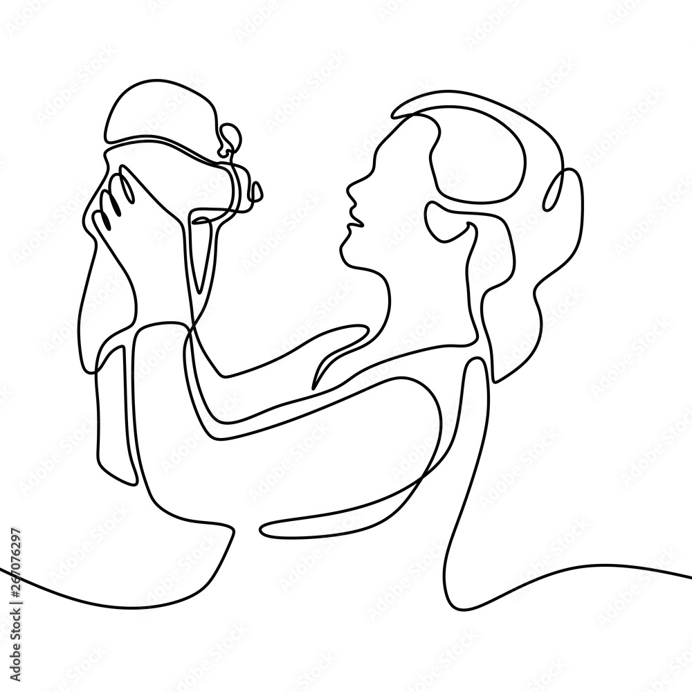 Baby born one line drawing continuous drawing. Mom really happy after ...