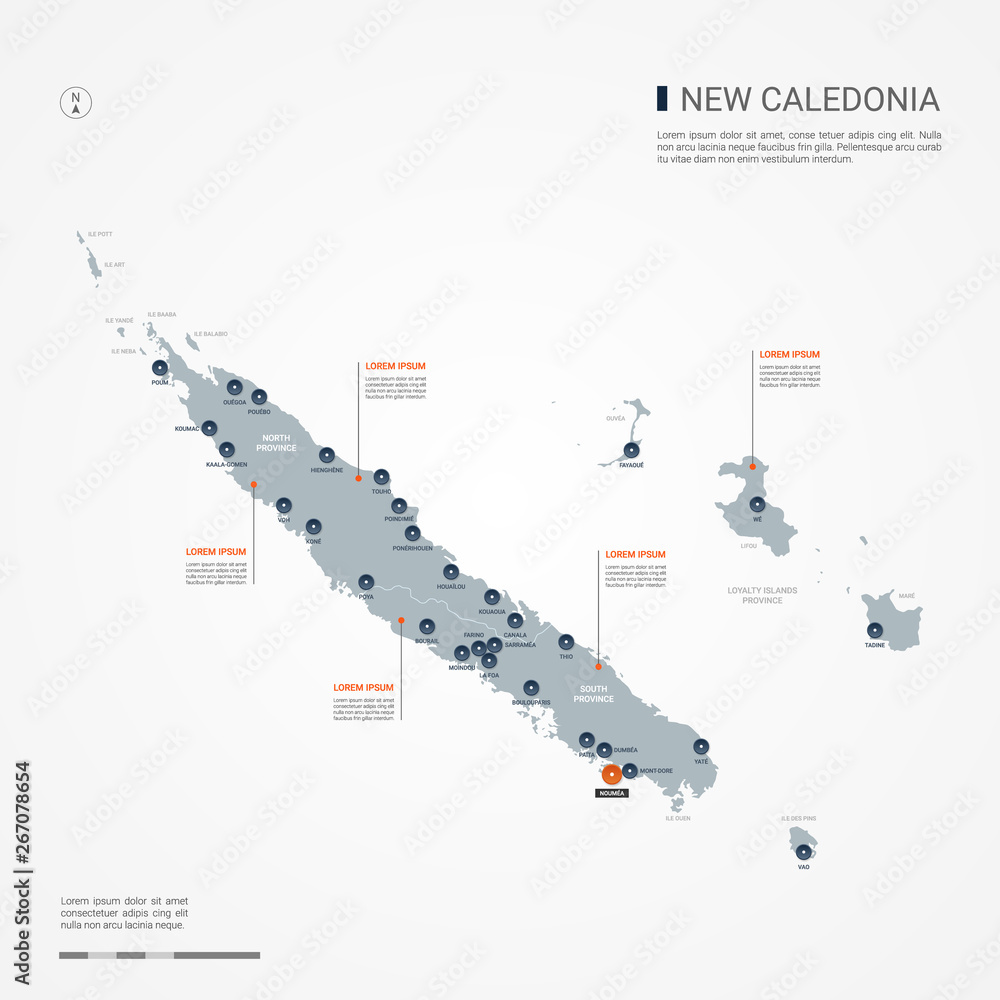 New Caledonia map with borders, cities, capital and administrative ...
