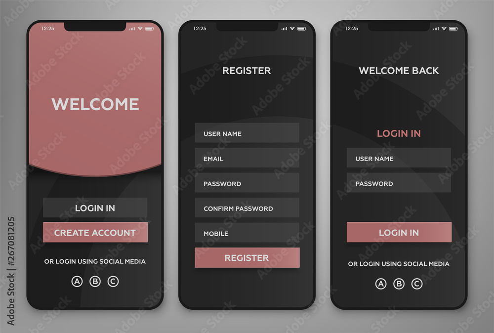 UI, UX Mobile application interface design. Authorization and registration pages. Vector ...
