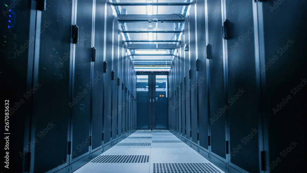 Data Center With Between Two Rows of Fully Operational Server Racks ...