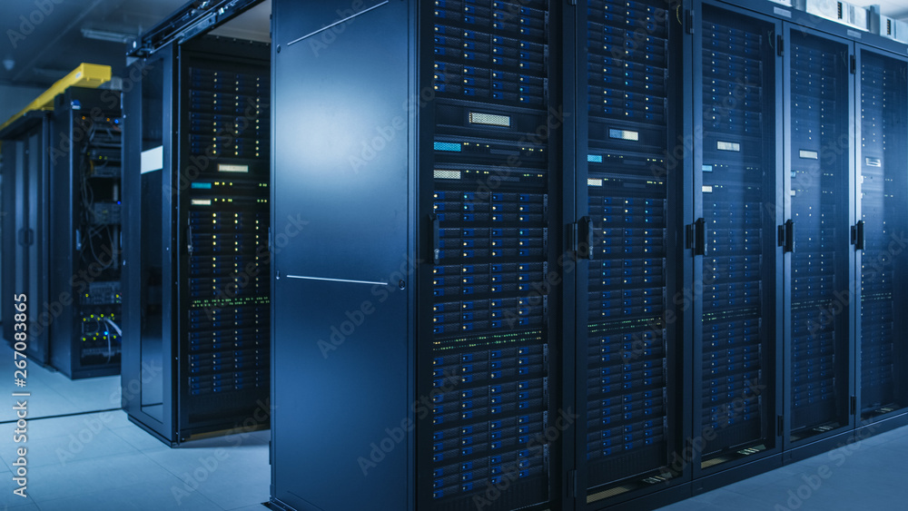 Shot of Modern Data Center With Multiple Rows of Operational Server ...