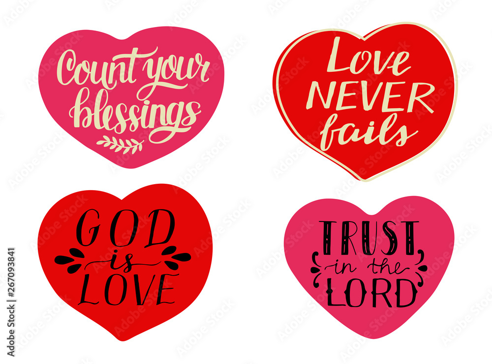 Set of 4 hearts with hand-lettering quotes Count your blessings. God is ...
