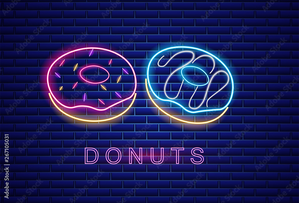 Donuts neon symbols Vector. Glowing sign dark background. Shinning ...