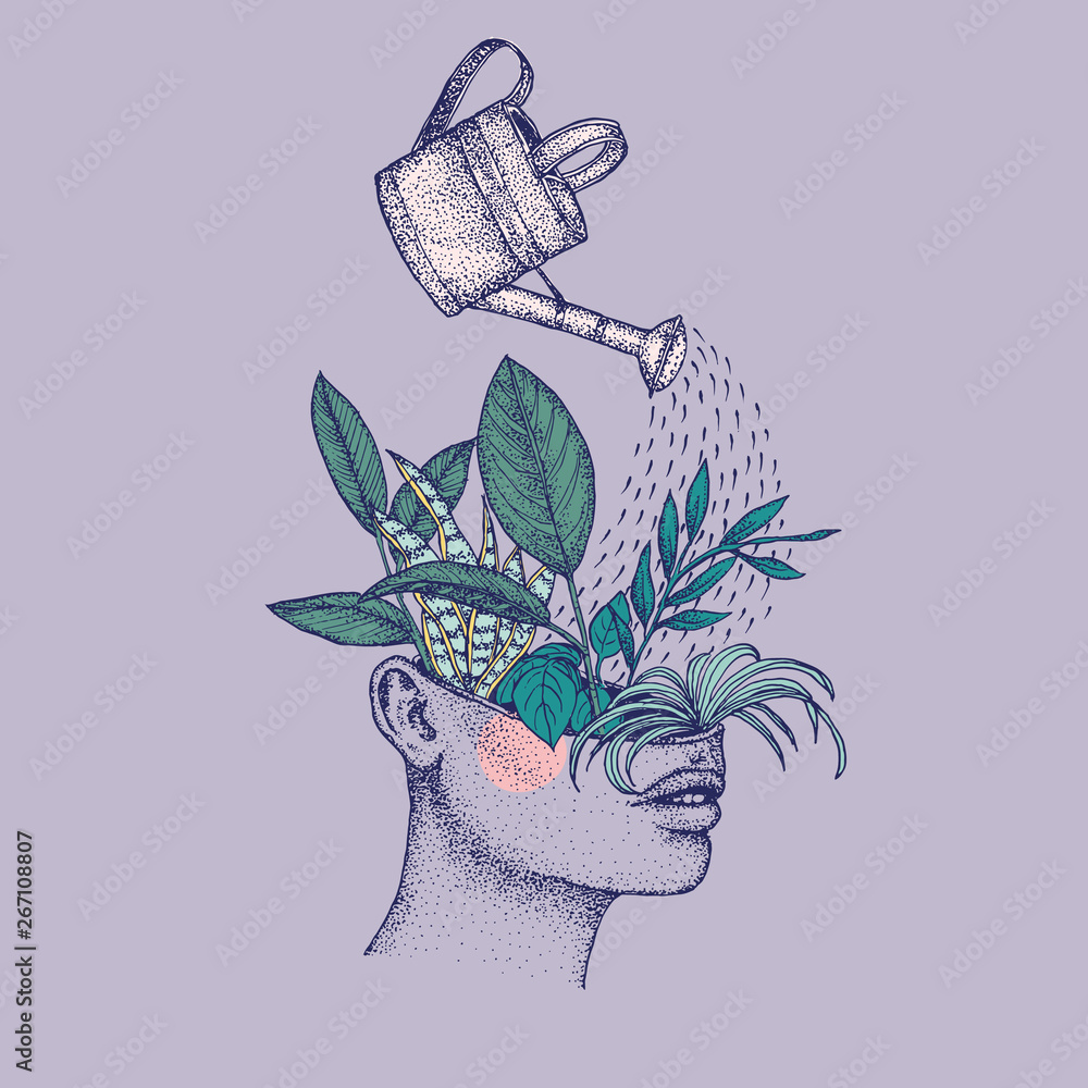 Illustration of watering can pouring over plants growing in head Stock ...
