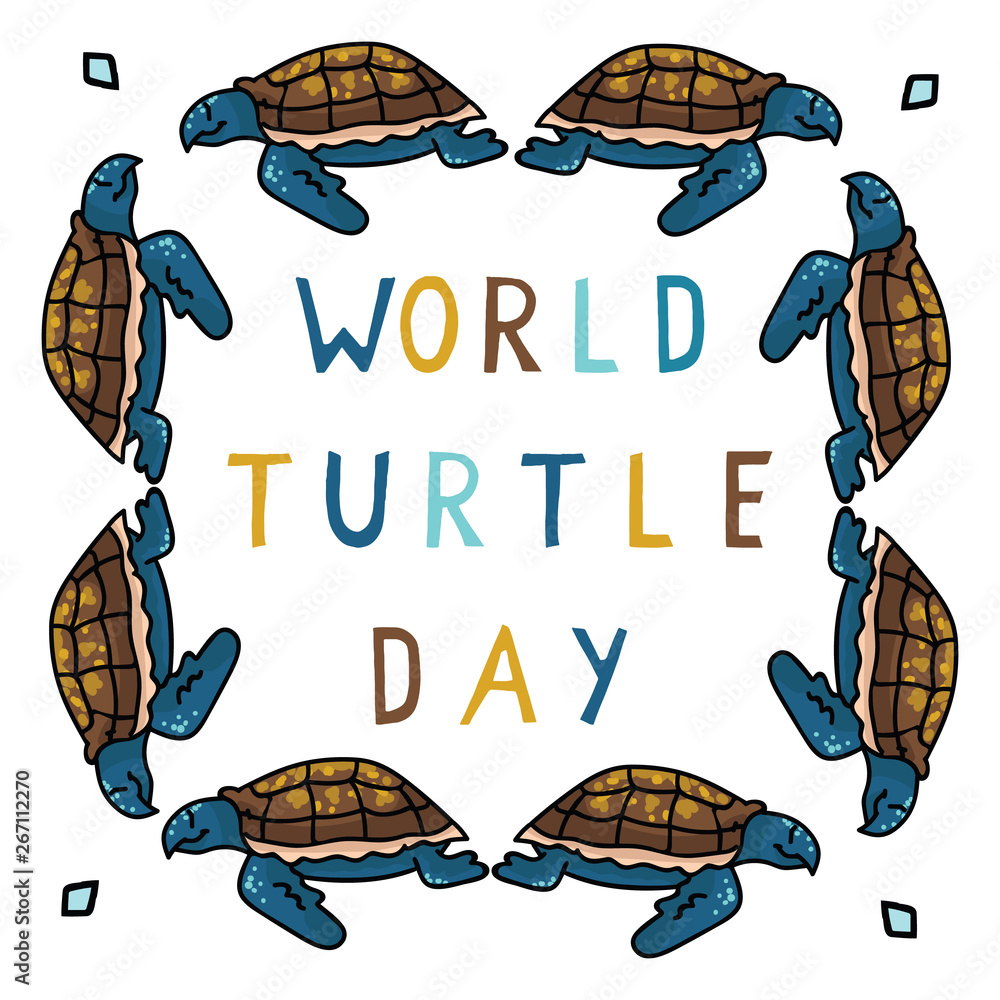 Cute world turtle day cartoon vector illustration motif set. Hand drawn ...