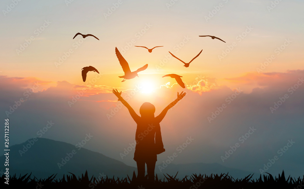 Women holding hands on the mountain evening sunshine show freedom and ...