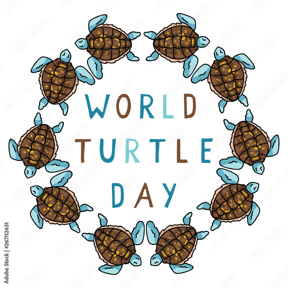 Cute world turtle day blue circle cartoon vector illustration motif set ...