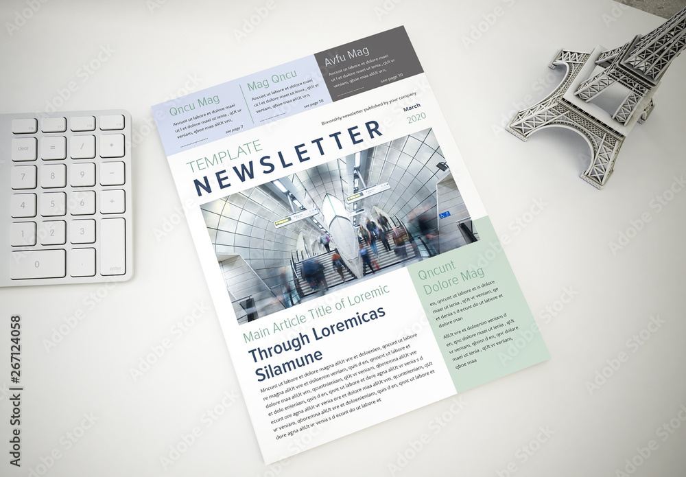 Newsletter with Mint Green and Blue Accents Stock Template | Adobe Stock