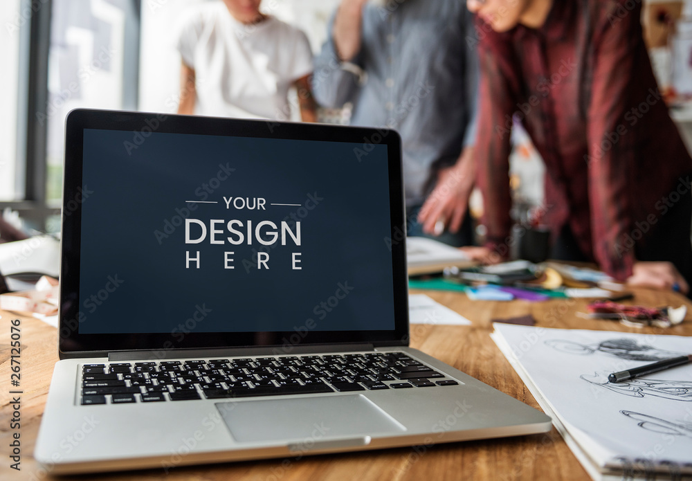 Computer Screen Mockup in Office Meeting Stock Template | Adobe Stock