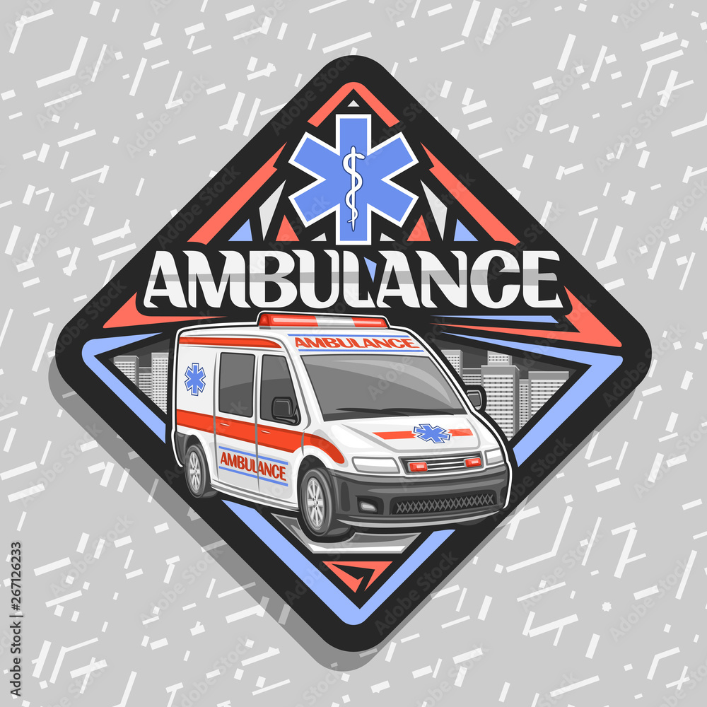 Vector road sign for Ambulance, black decorative label with white van ...