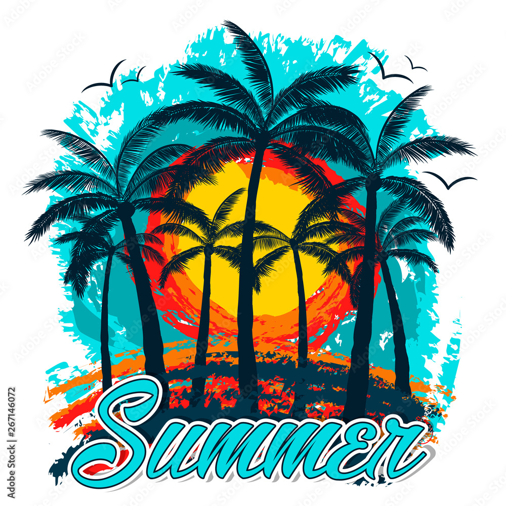 Summer logo or background with palm trees and gulls in blue, orange and ...