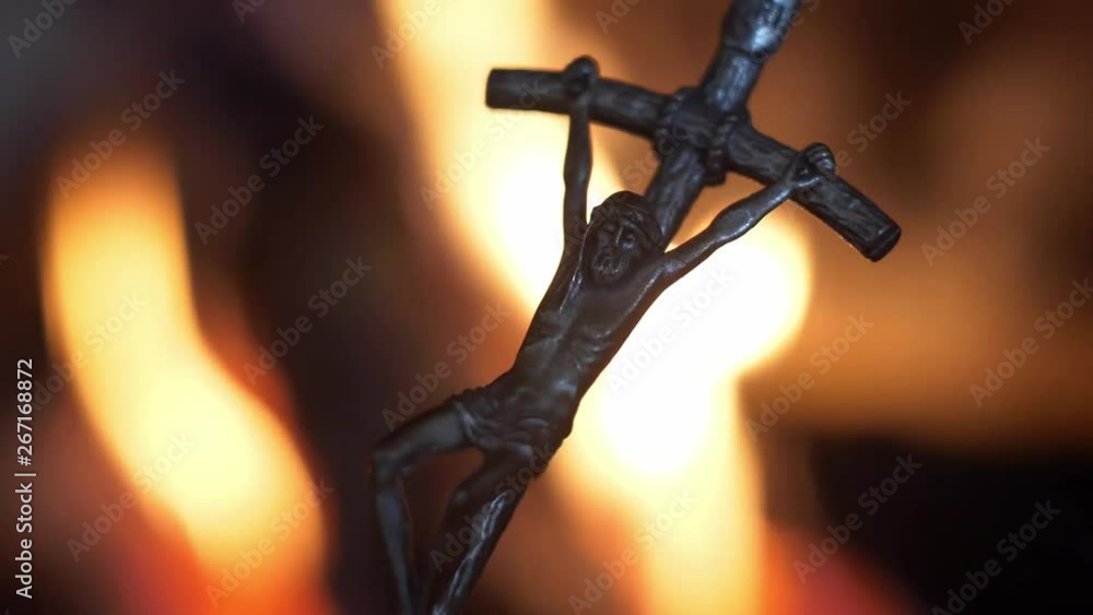 Crucifix Silhouette on Fire Flames Defocused Dark Background Slow ...