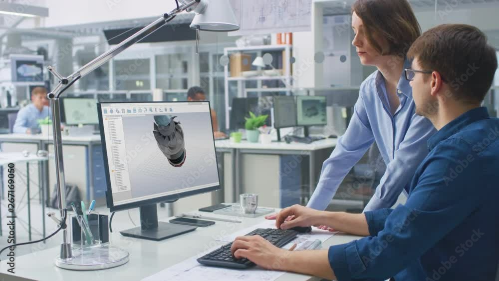 Engineer Working on Desktop Computer, Screen Showing CAD Software with ...