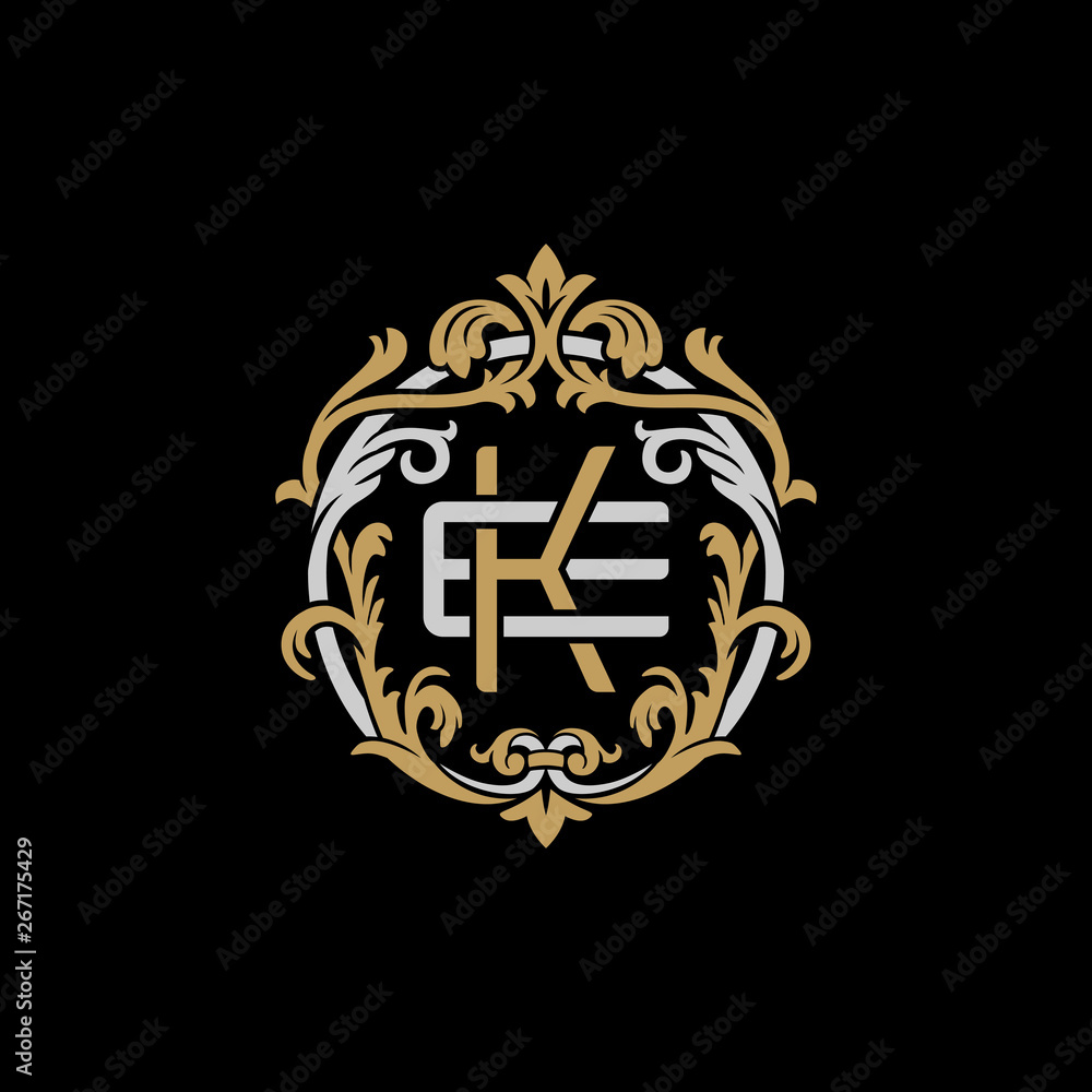 Initial letter E and K, EK, KE, decorative ornament emblem badge ...