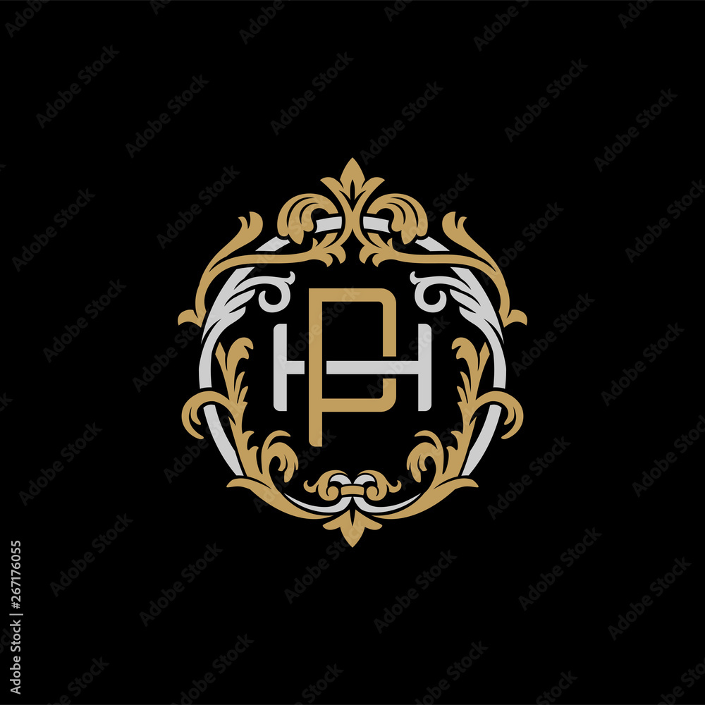 Initial letter H and P, HP, PH, decorative ornament emblem badge ...