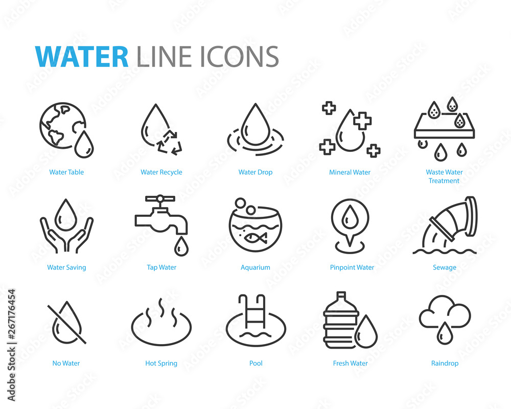 set of water icons ,such as water drop, treatment, sewage, recycle ...