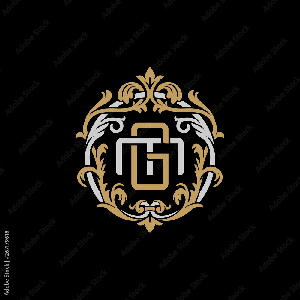 Initial letter M and G, MG, GM, decorative ornament emblem badge ...
