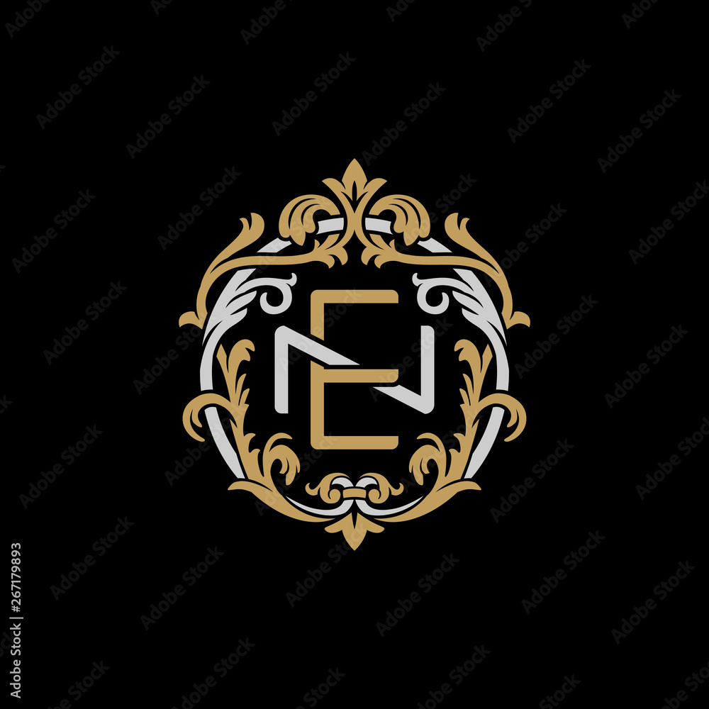 Initial letter N and E, NE, EN, decorative ornament emblem badge ...