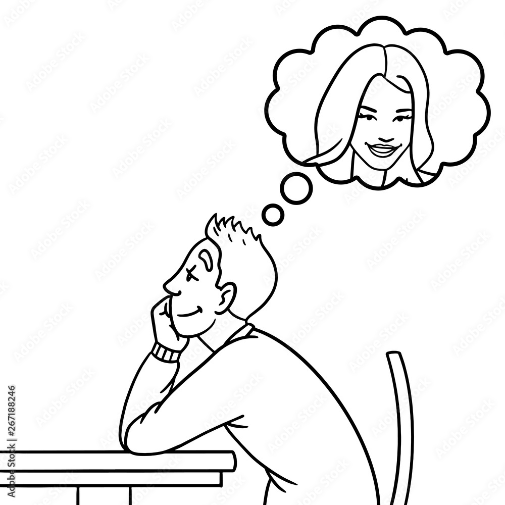 Vector drawing of a schoolboy sitting at a table thinking in love with ...
