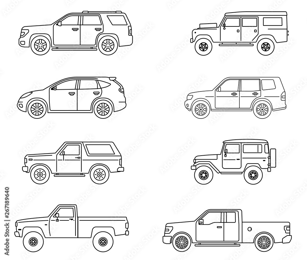 Off-road 4x4 suv cars set. Side view offroad car in different colors ...