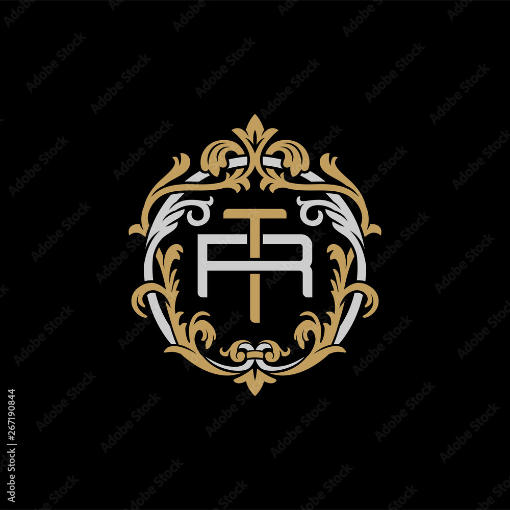 Initial letter R and T, RT, TR, decorative ornament emblem badge ...
