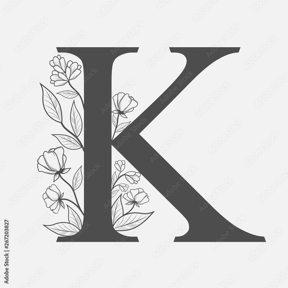 Uppercase Letter K with flowers and branches. Vector flowered monogram or logo. Hand Drawn ...