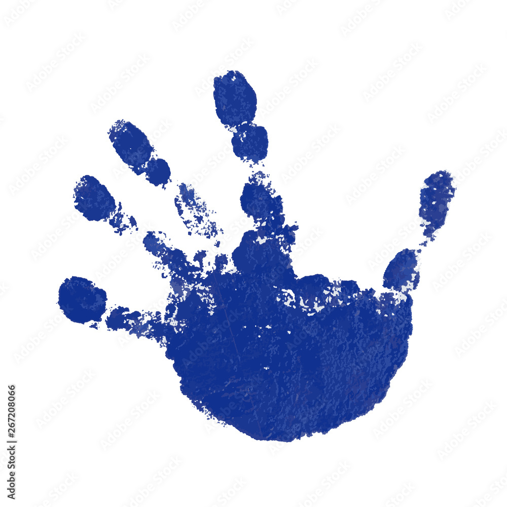 Hand paint print, isolated white background. Blue human palm and ...