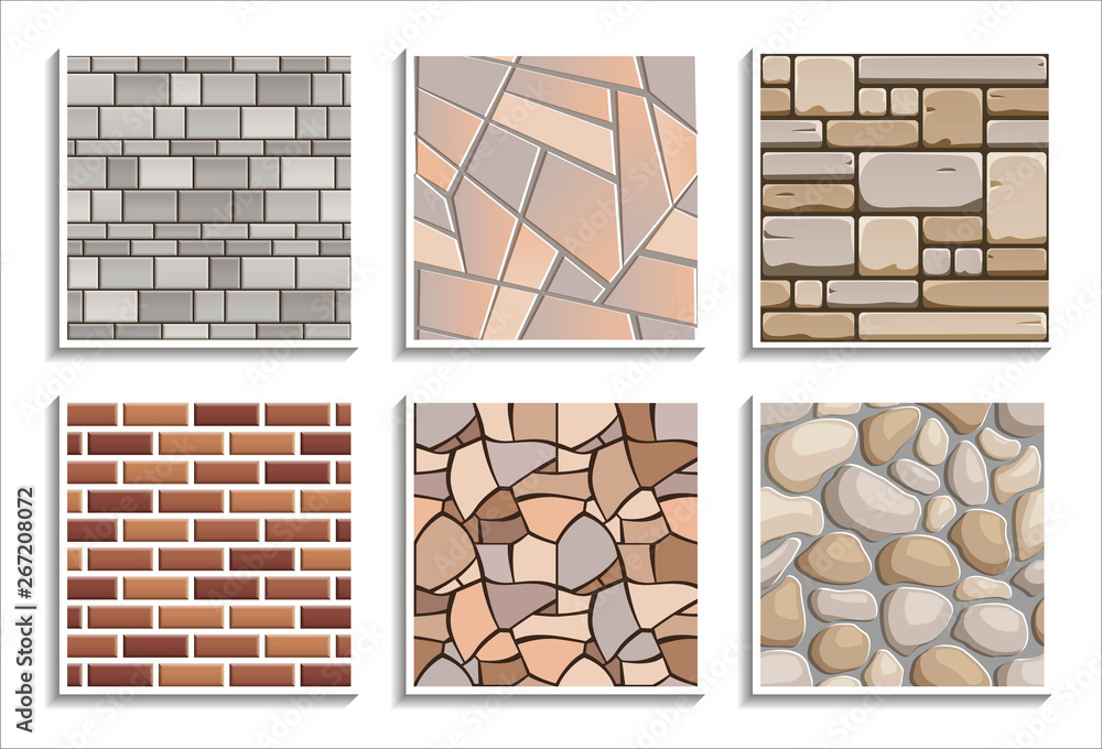 Set of seamless stone textures. Vector repeated patterns of 3D brick ...