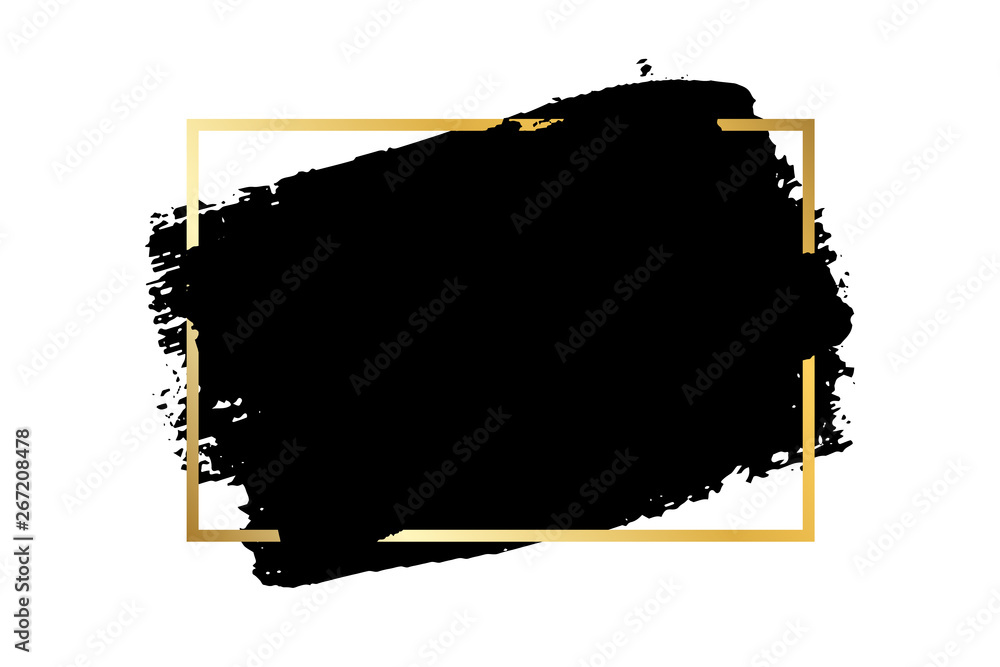 Brush stroke, gold text box, isolated white background. Black paint ...