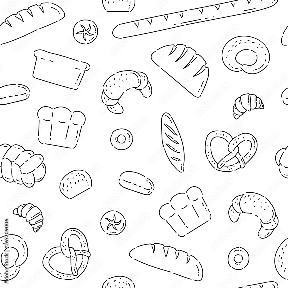 Pattern seamless bakery products bread line doodle icons. Different ...