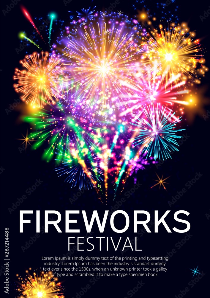 Fireworks festival bursting in various shapes and colors, sparkling lights against black ...