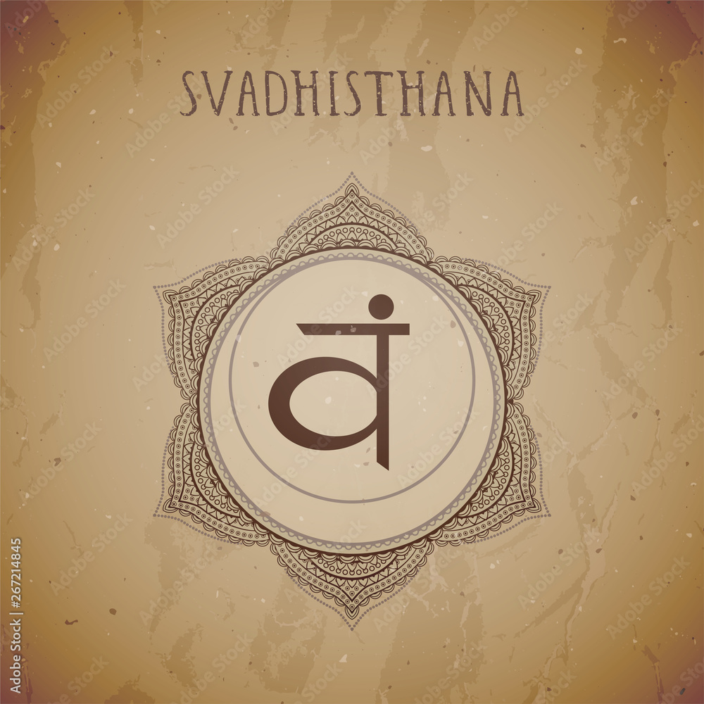 Vector illustration with symbol chakra Svadhishana on grunge background ...